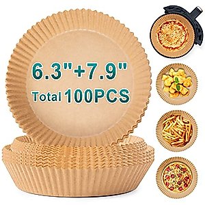 GPUSFAK 100PCS Air Fryer Disposable Paper Liner - 7.9inch and 6.3inch Round Non-stick, Waterproof, Oil-proof Food Grade Parchment Paper for Baking Roasting Microwave
