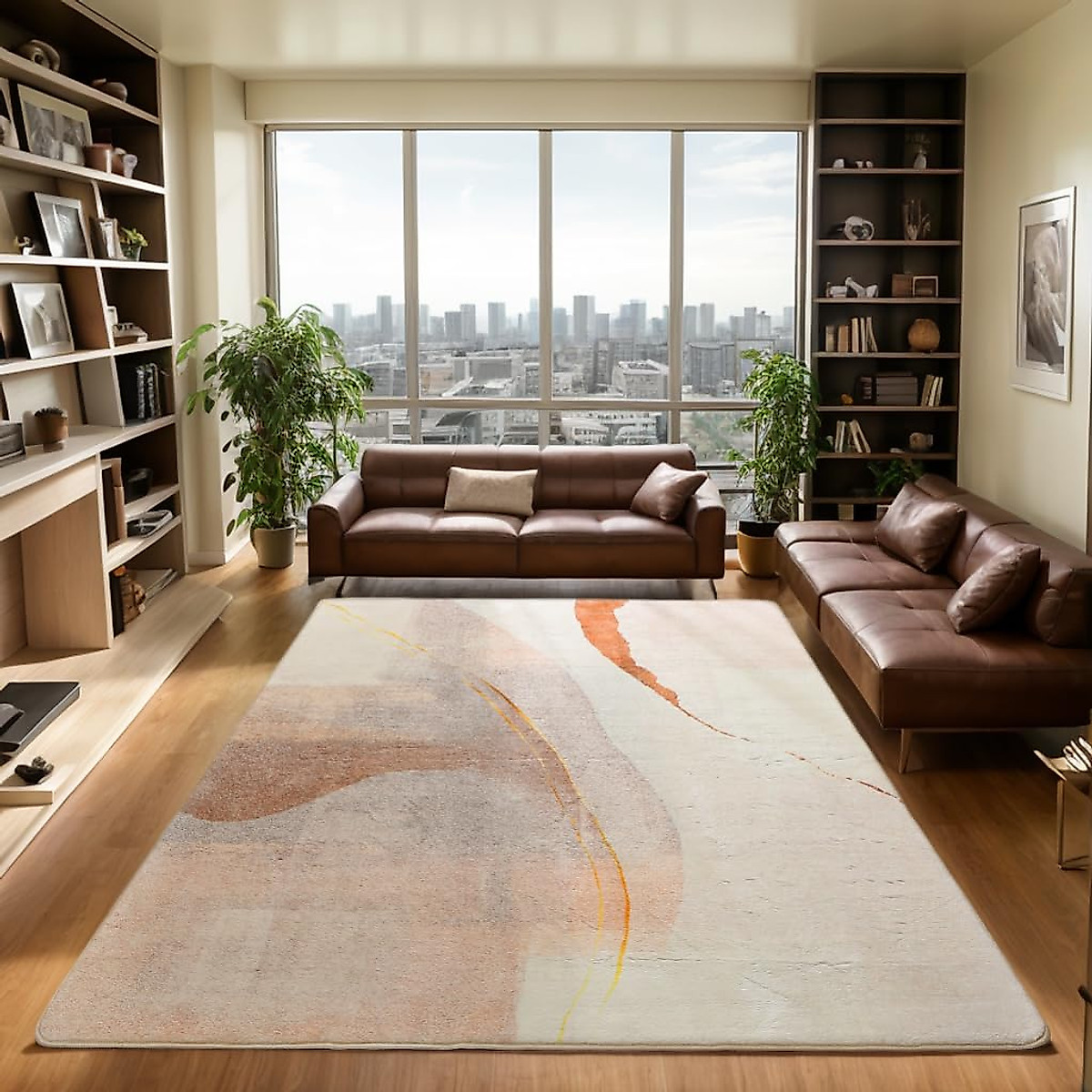 Cinknots Area Rug 6' 6" x 8' 2" Modern Abstract Living Room Bedroom Rug Soft Non-Slip Indoor Washable Minimalist Rug Brown/Gold