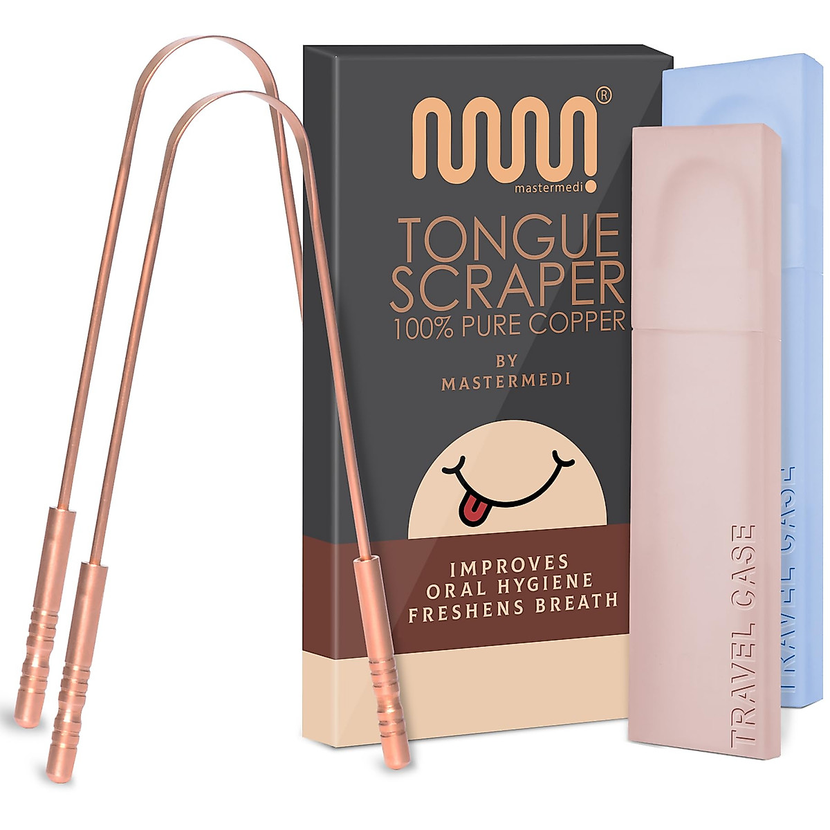 MasterMedi Tongue Scraper with Case Easy to Use Tongue Scraper for Adults, Tongue Cleaner for Oral Care & Hygiene (Copper Set of 2 (with Travel Case))
