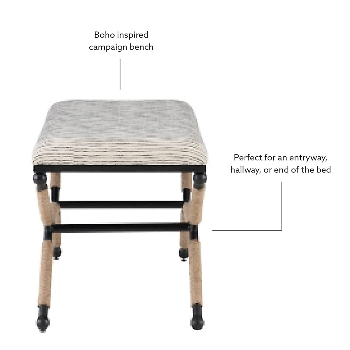 Linon Anna Campaign Accent Bench Metal Legs with Rope Detail in Cream Stripe