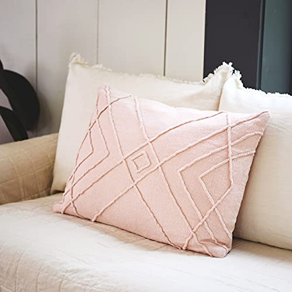 Main + Mesa Embroidered Cotton Geometric Lumbar Pillow, Blush