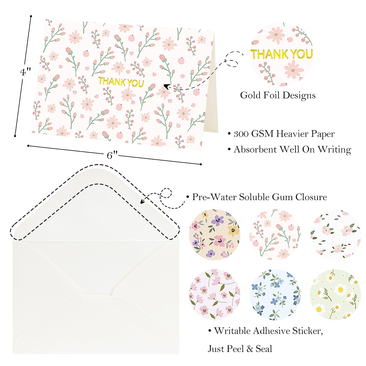Crisky 50 Pack Floral Thank You Cards with Envelopes & Stickers for Birthday, Baby Shower,Bridal Shower, Wedding, Graduation, Business. 6 Assorted Full Version of Gold Stamping Wild Flower Design