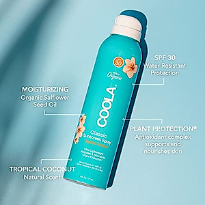 COOLA Organic Sunscreen SPF 30 Sunblock Spray, Dermatologist Tested Skin Care for Daily Protection, Vegan and Gluten Free, Tropical Coconut, 6 Fl Oz