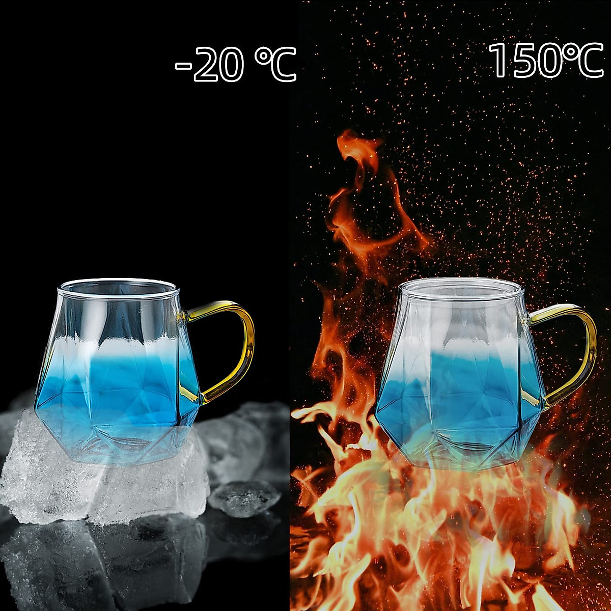 Pturey Gradient Blue Heat Resistant Glass Coffee Cups Set Of 4, Crystal Diamond Shape 11oz Glass Espresso Cups, Borosilicate Glass Tea Cups