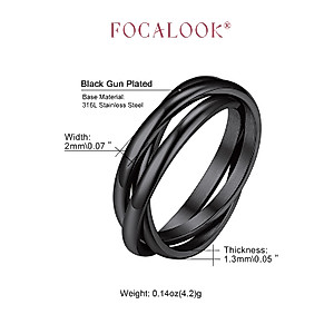 FOCALOOK Triple Band Rolling Ring Black Fashion Interlocked Anxiety Ring for Women (Black, 8)