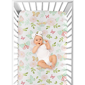 Sweet Jojo Designs Blush Pink, Mint and White Watercolor Rose Baby or Toddler Fitted Crib Sheet for Butterfly Floral Collection