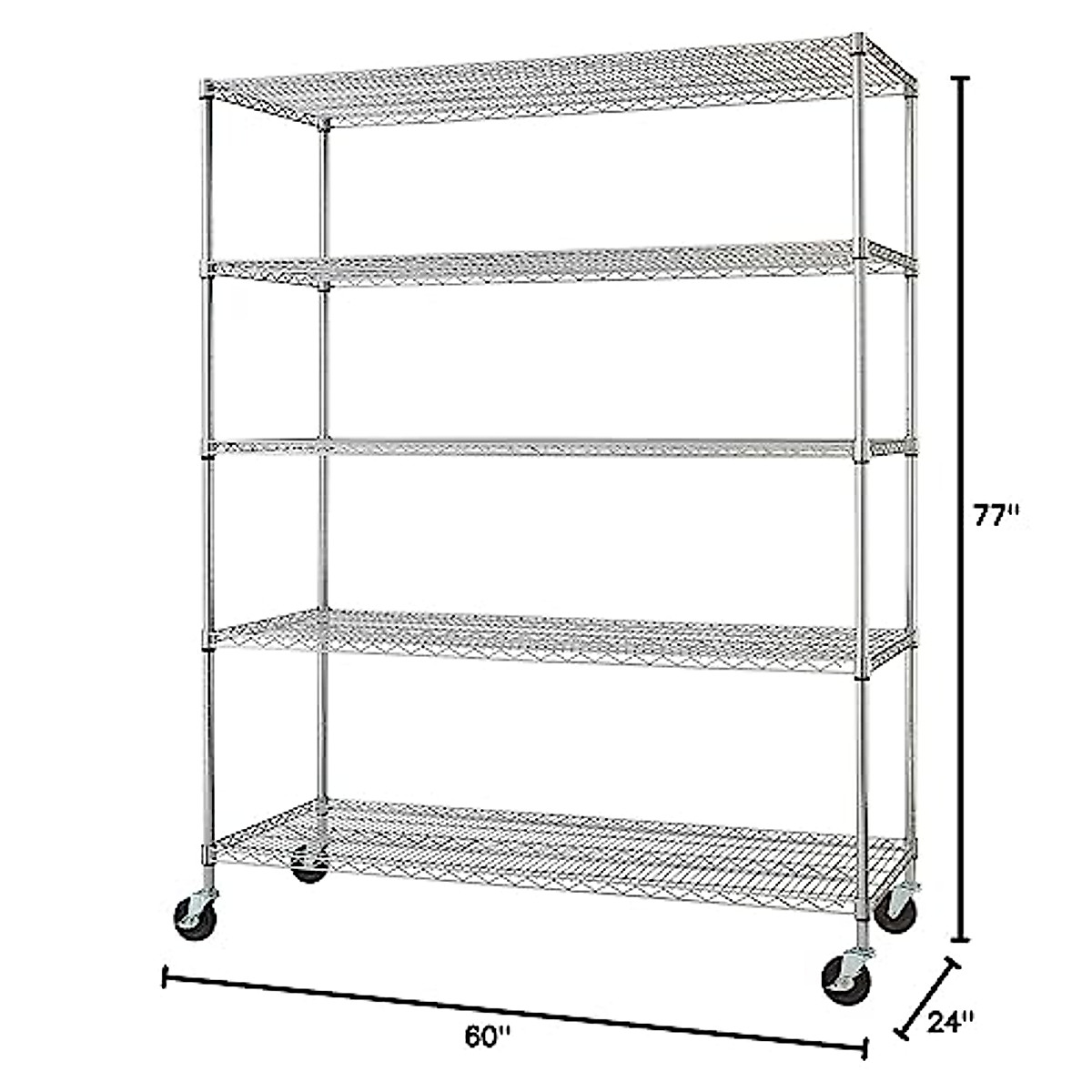 TRINITY EcoStorage Heavy Duty 5-Tier Adjustable Wire Shelving with Wheels for Kitchen Organization, Garage Storage, Laundry Room, NSF Certified, 800 to 4000 Pound Capacity, Chrome, 60 by 24 by 72-Inch