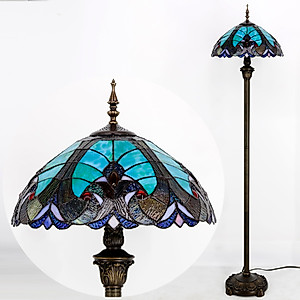 WERFACTORY Tiffany Floor Lamp Green Brown Liaison Stained Glass Standing Reading Light 16X16X64 Inches Antique Pole Corner Lamp Decor Bedroom Living Room Home Office S160G Series