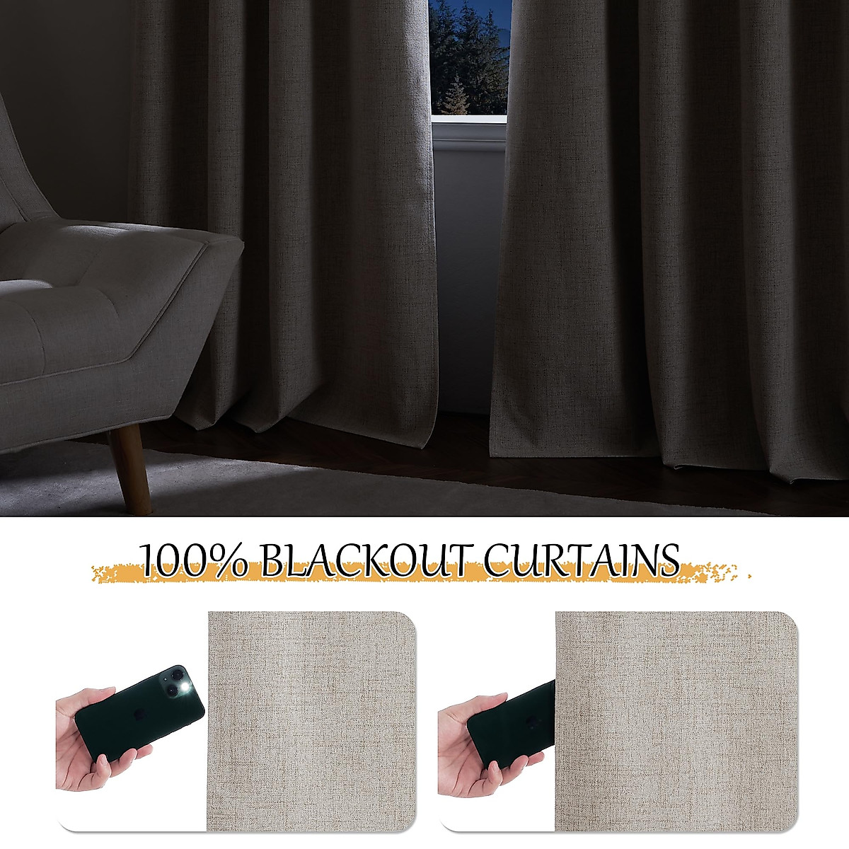 StangH 100% Blackout Curtains for Bedroom, Natural Linen Beige Curtains 84 inches Long Solid Thermal Insulated Farmhouse Drapes for Living Room Sliding Glass Door Nursery, W52xL84, 2 Panels