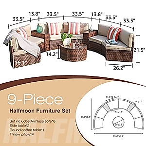 SUNSITT Outdoor Patio 9-Piece Half Moon Curved Furniture Sofa Set Brown Wicker Sectional Sofa Beige Cushions with 2 Side Table and 4 Pillows