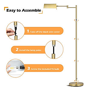 Mlambert Reading Floor Lamp,LED Pharmacy Lamp with Swing Arm,Swivel Head Adjustable Standing Lamp,E26 Base,Corner Lamp for Livingroom,Sewing(Brass)