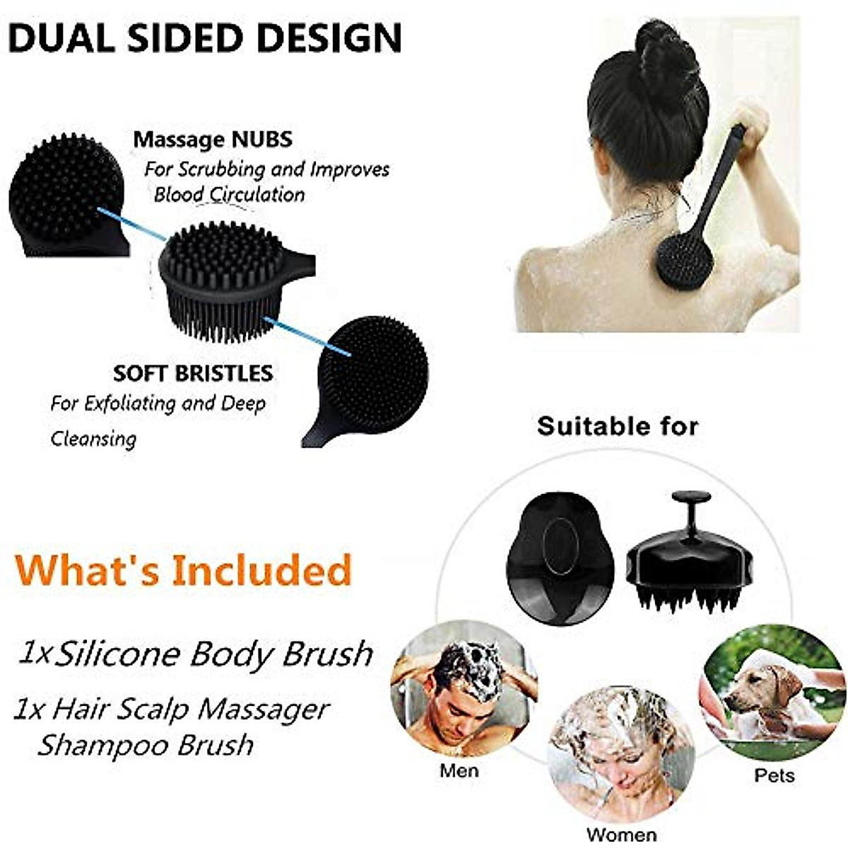 Cinlitek Silicone Body Scrubber & Scalp Massager, Long Handle Back Scrubber for Shower Brush,Exfoliating Body Scrubber, Shower Scrubber for Body Brush, Hair Dandruff Shampoo Brush for Men,Women&Kids