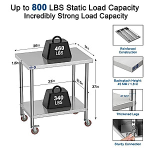 Leteuke Stainless Steel Prep Table, NSF Metal Work Table, SUS201 Commercial Heavy Duty Table with Adjustable Undershelf, Food Prep Table with Wheels for Restaurant Kitchen - 36" x 24" x 37"