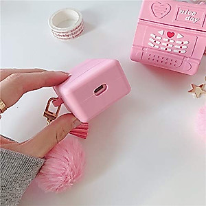 Cute Silicone Girly Pink Pro Clasic Retro Telephone Shaped Headphone Case Compatible with Airpods Pro and Airpod3 Headphones Funny Cover with Ball Pom Pom Keychian for Girls Women Best Gift