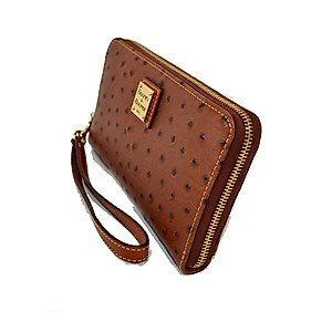 Dooney & Bourke Lg Zip Wallet Clutch Ostrich Wristlet Cognac