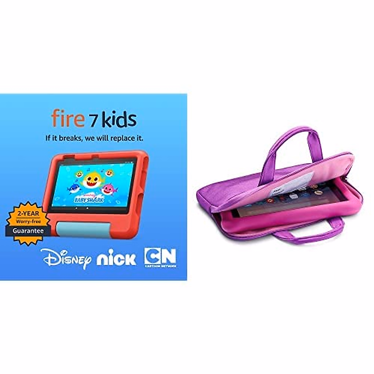 Amazon Fire 7 Kids tablet, 7" display 32GB (Red) + Kids Zipper Sleeve (Pink)