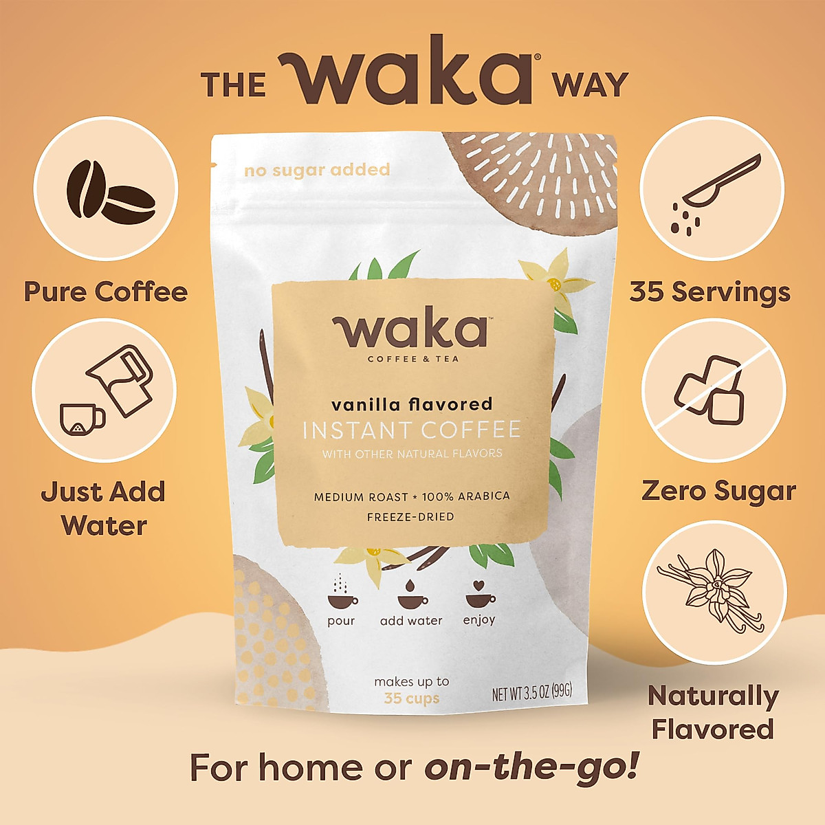 Waka Instant Coffee, Vanilla Flavored - 100% Arabica Beans, Freeze Dried Granules, No Additives - Bulk Bag for Quick Hot and Iced Coffees, Up to 35 Cups (3.5oz)
