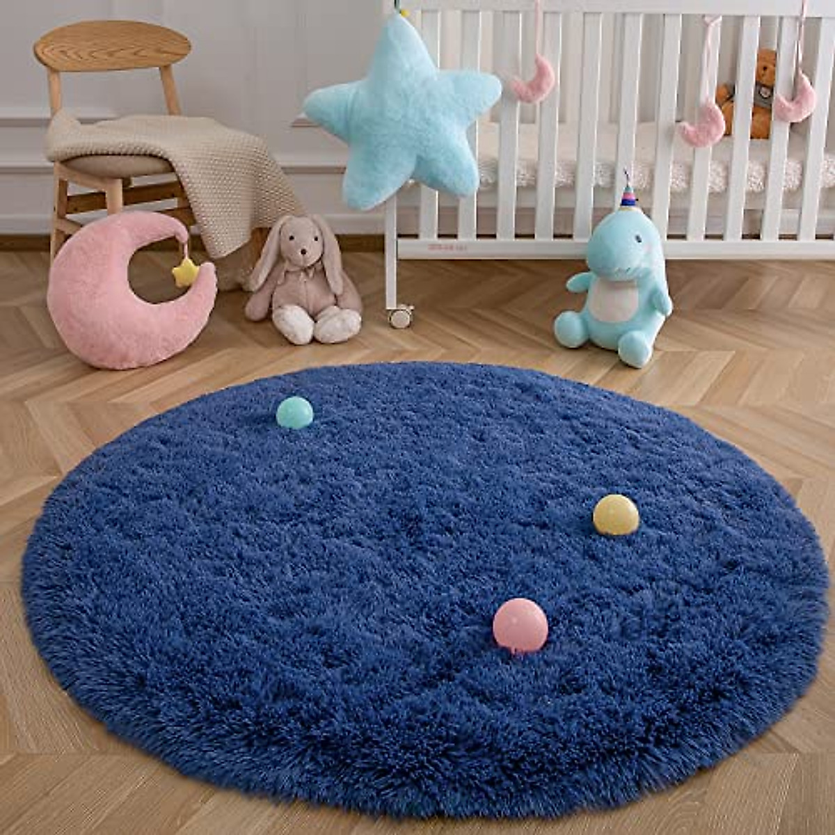 Goideal Soft Round Shaggy Rug, 4 x 4 Feet Light Navy Fluffy Circle Rug for Boys Girls, Fuzzy Cute Bedroom Rug, Circle Plush Floor Carpet for Nursery Room Decor