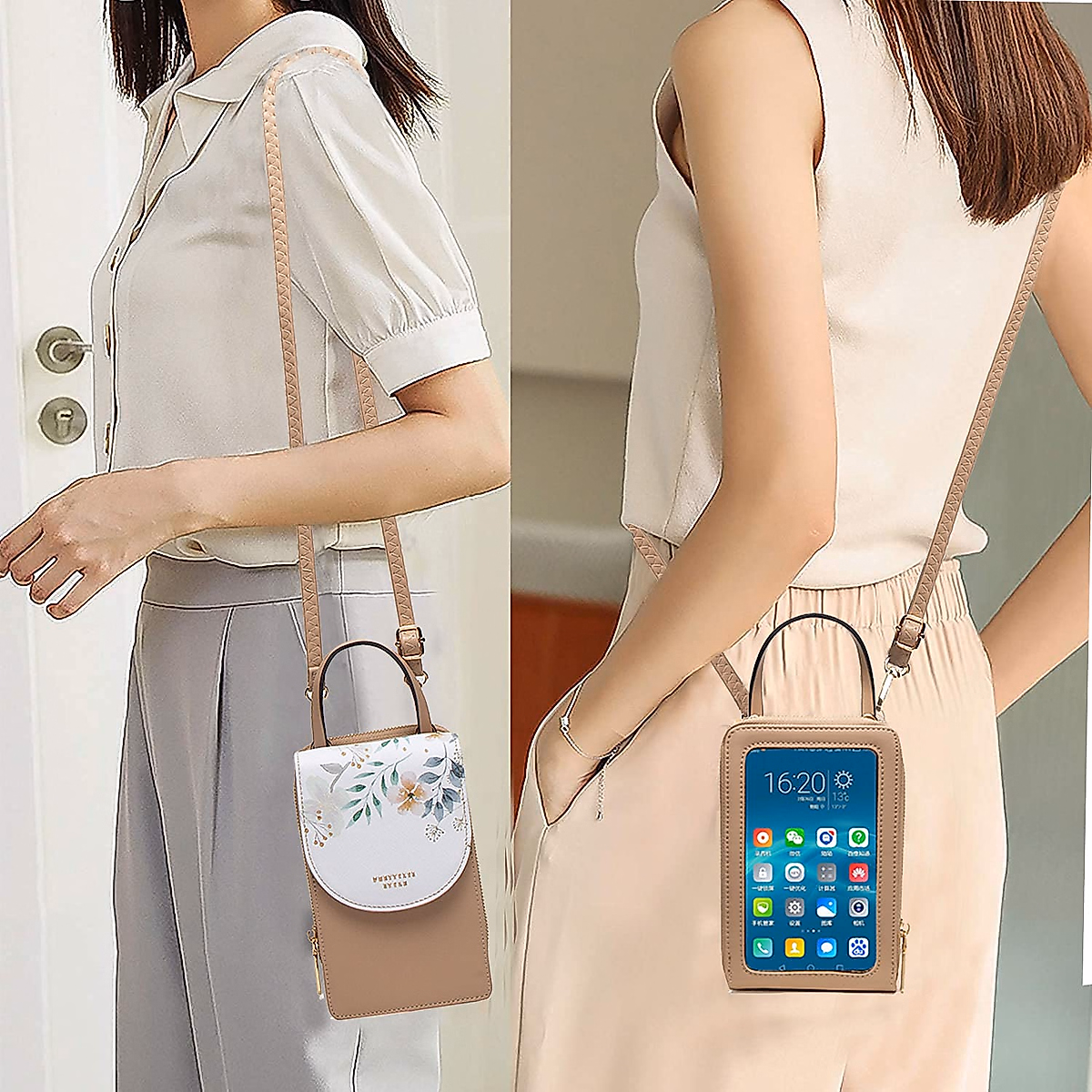 Skyearman Crossbody Cellphone Purse with Handle Womens Touch Screen Phone Bag Small Shoulder Purse for iPhone 1212 MiniXXR (Khaki)