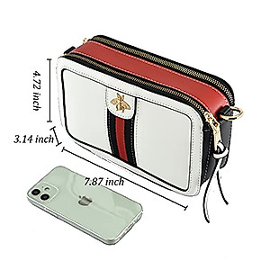Beatfull Designer Bee Crossbody Purse for Women PU Leather Shoulder Handbag with Black-Red StripsCamera Clucth (white)