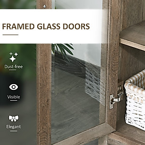 HOMCOM 71" Bookcase Storage Hutch Cabinet with Adjustable Shelves and Glass Doors for Home Office, Kitchen, Living Room, Natural Wood