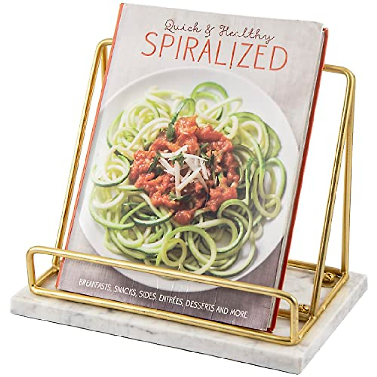 MyGift Modern Brass Metal Wire and White Marble Kitchen Cookbook Stand - Countertop Recipe Book and Tablet Holder - Handcrafted in India