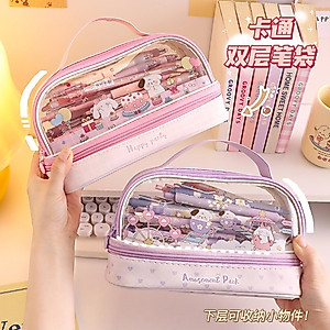 JHTPSLR Large Kawaii Pencil Pouch with Strap Double Layer Pencil Pouch Clear Waterproof Cute Preppy Pencil Case Pen Bags Holder Storage and Organizer (Purple Friends)