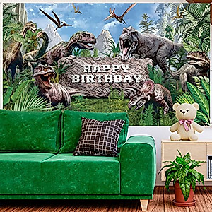 Dinosaur Theme Backdrop Banner Polyester Dinosaur Happy Birthday Photo Background Tropical Jungle Birthday Party Backdrop Decor for Kid Dinosaur Theme Birthday Party Photo Prop Decor, 72.8 x 43.3 Inch