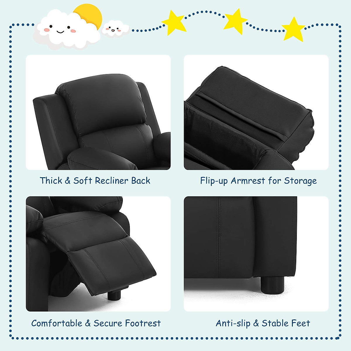 GLACER Kids Recliner, Toddler Furniture Children Armrest Sofa Chair W/Front Footrest, Flip-up Storage Arms, Padded Backrest, Adjustable Kids Recliner Couch for Girls Boys (Black)