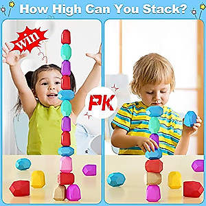 IGIVI Montessori Toys for 1 2 3 Year Old Boys & Girls, Wooden Stacking Sorting Rocks Balancing Stone, Preschool Educational Sensory Toys for Toddlers, Birthday Gifts for Kids Toys Ages 2-4 5-7