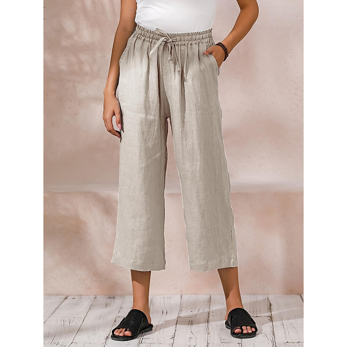 ECUPPER Womens Linen Cropped Pants Loose Casual Capri Cotton Wide Leg Plus Size Elastic Waist with Drawstring Trouses Natural XL