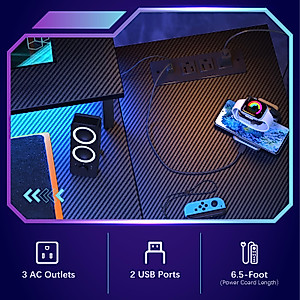 HEEYUE L Shaped Gaming Desk with Power Outlets & LED Strip Lights,Computer Desk with Large Monitor Stand,Corner Desk with Storage Shelf,Headphone Hook&Cup Holder for Home Office