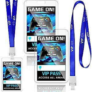 16 Pieces Blue Video Game VIP Pass Holder Tickets Set Video Game Party Favors Game Ticket Holder Gamer Party VIP Pass Lanyards for Game Themed Birthday Party Supplies