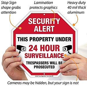 SmartSign 10" x 10" 'Security Alert Property Under 24 Hour Surveillance, Trespassers Prosecuted' Yard Sign with 3 ft Stake, 40 mil Laminated Aluminum, Red/Black/White, Set of 1, USA-Made
