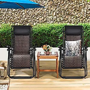 Tangkula Patio Rattan Zero Gravity Lounge Chair, Outdoor Folding Lounge Chair w/Removable Head Pillow, Adjustable Lounge with Widened Armrest & Locking System for Balcony Yard Poolside (2, Coffee)