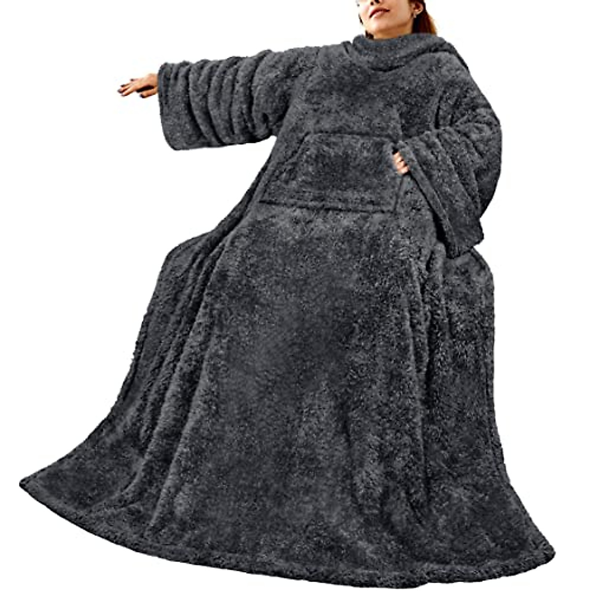 KAURI Oversized XXL Wearable Blanket for Adults - Dark Gray Cozy Wearable Blanket with Pocket - Soft Comfy Fleece Snuggle Wrap Throws Blanket Robe for Women and Men