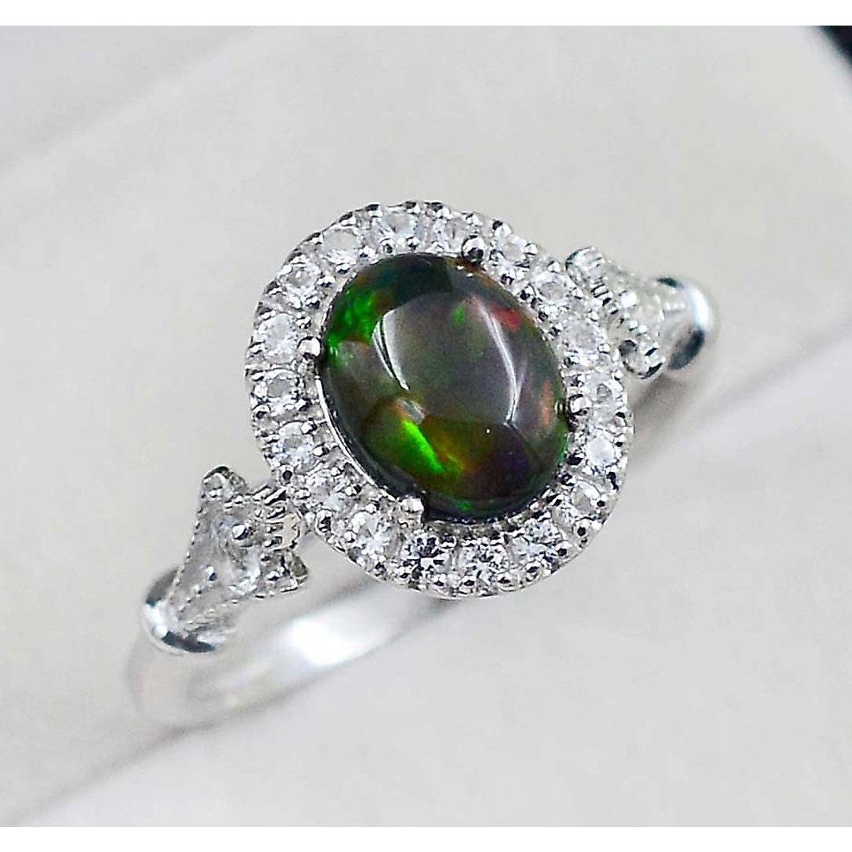 Gemstone 925 Solid Silver 9X7 MM Natural Black Opal Oval October Birthstone Solitaire Unisex Ring For Wedding Gift (Rhodium Plated Silver, 6)