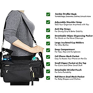 HUJOM Universal Stroller Organizer with Insulated Cup Holders, Shoulder Strap, Phone Bag and Wipes Pocket. Caddy Fits Uppababy, Baby Jogger, Britax, BOB. Must have Stroller Accessories.