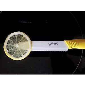 Serrated Black Ceramic Knife Set with 5" Serrated Knife. Includes 3”, 4”, 5”, 6” Ceramic Knives, Matching Sheaths and a Matching Vegetable Peeler in a Black Gift Box