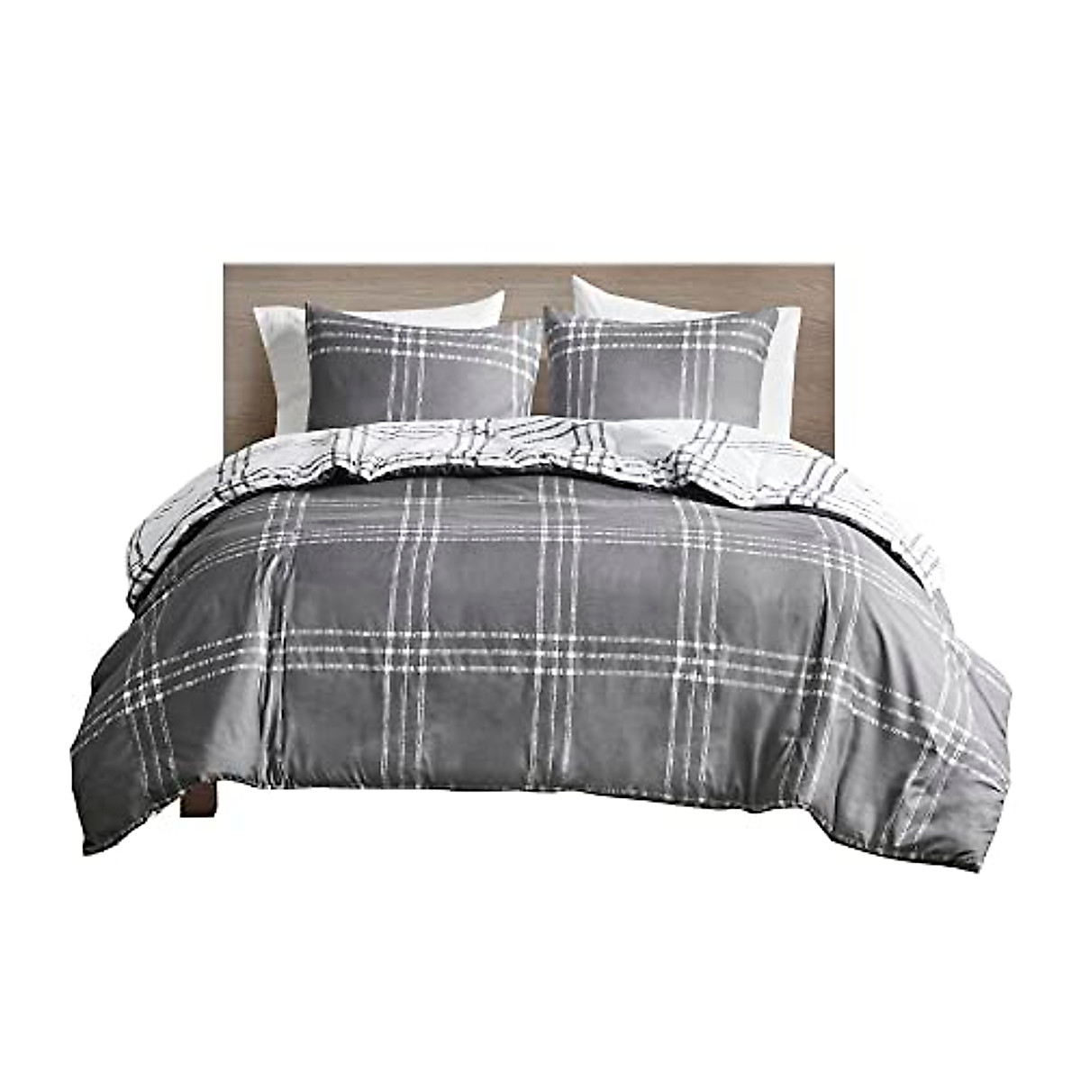 Intelligent Design Pike Reversible Duvet Set, Cottage Plaid Print, Modern Cabin Lifestyle, All Season Bedding Cover for Comforter with Matching Sham, Full/Queen White/Grey 3 Piece