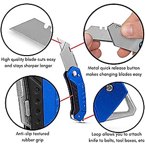 BirdRock Home Premium Folding Utility Knife – Small Compact Pocket – Folding Box Cutter Tool – 3 Extra Razor Blades – Cut Cardboard Boxes – Locking Safety Knife Set – Heavy Duty Aluminum Body