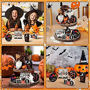 Halloween Tiered Tray Decor - Halloween Decorations Indoor, Happy Halloween Wooden Signs Cute Gnomes Plush and Bead Garland - Farmhouse Halloween Decor for Home Table House Room