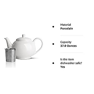 ComSaf Porcelain Teapot with Removable Infuser & Lid 37oz(4-5 Cups), Large Tea Pot with Stainless Steel Fine Mesh Infuser, Ceramic Tea Maker with Strainer for Loose Leaf Tea or Bags, White