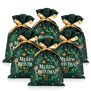 OYATON Christmas Drawstring Gift Bags, Fabric Reusable Christmas Gift Wrap Bags Set of 6, Cloth Gift Bags with Ribbon Drawstring for Christmas Gifts, 12" L x 18" H