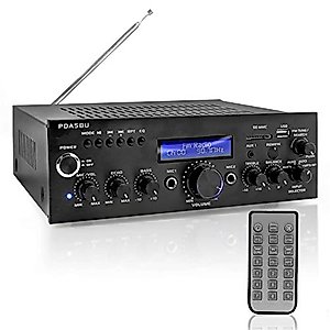 Pyle Wireless Bluetooth Power Amplifier-200 Watt Audio Stereo Receiver w/USB Port, AUX in, FM Radio, 2 Karaoke Microphone Input, Remote-Home Entertainment System, Black, 10.5" x 8.8" x 2.8" (PDA5BU)