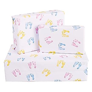 CENTRAL 23 - New Baby Wrapping Paper - 6 Sheets of Gift Wrap - Babies Feet - for Girls or Boys - Pink Blue and Yellow - Recyclable