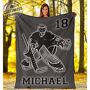 OhaPrints Custom Dark Grey Hockey Blanket Hockey Boy Player Personalized Name Number Soft Sherpa Throw Blankets Cozy Fuzzy Fleece Throws for Tv Sofa Couch Comfy Fluffy Blanket 30X40 50X60 60X80