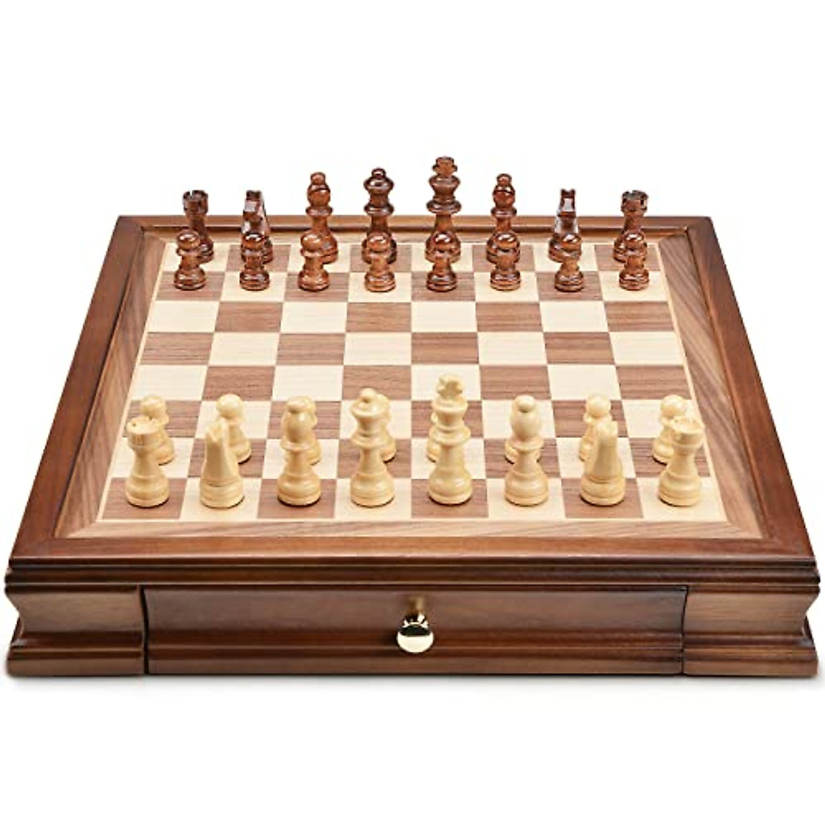 AMEROUS 12.8" x 12.8" Magnetic Wooden Chess Set with 2 Built-in Storage Drawers - 2 Bonus Extra Queens - Gift Packaging - Staunton Chess Pieces, Board Games Chess Sets for Adults and Kids