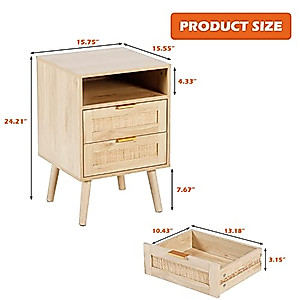 AILEEKISS Rattan Nightstands Set of 2 with Wireless Charging Station Modern Bedside Tables with Solid Wood Feet Night Stands Set of 2 with Drawers and Open Storage Shelf for Bedroom (Natural 2 Sets)