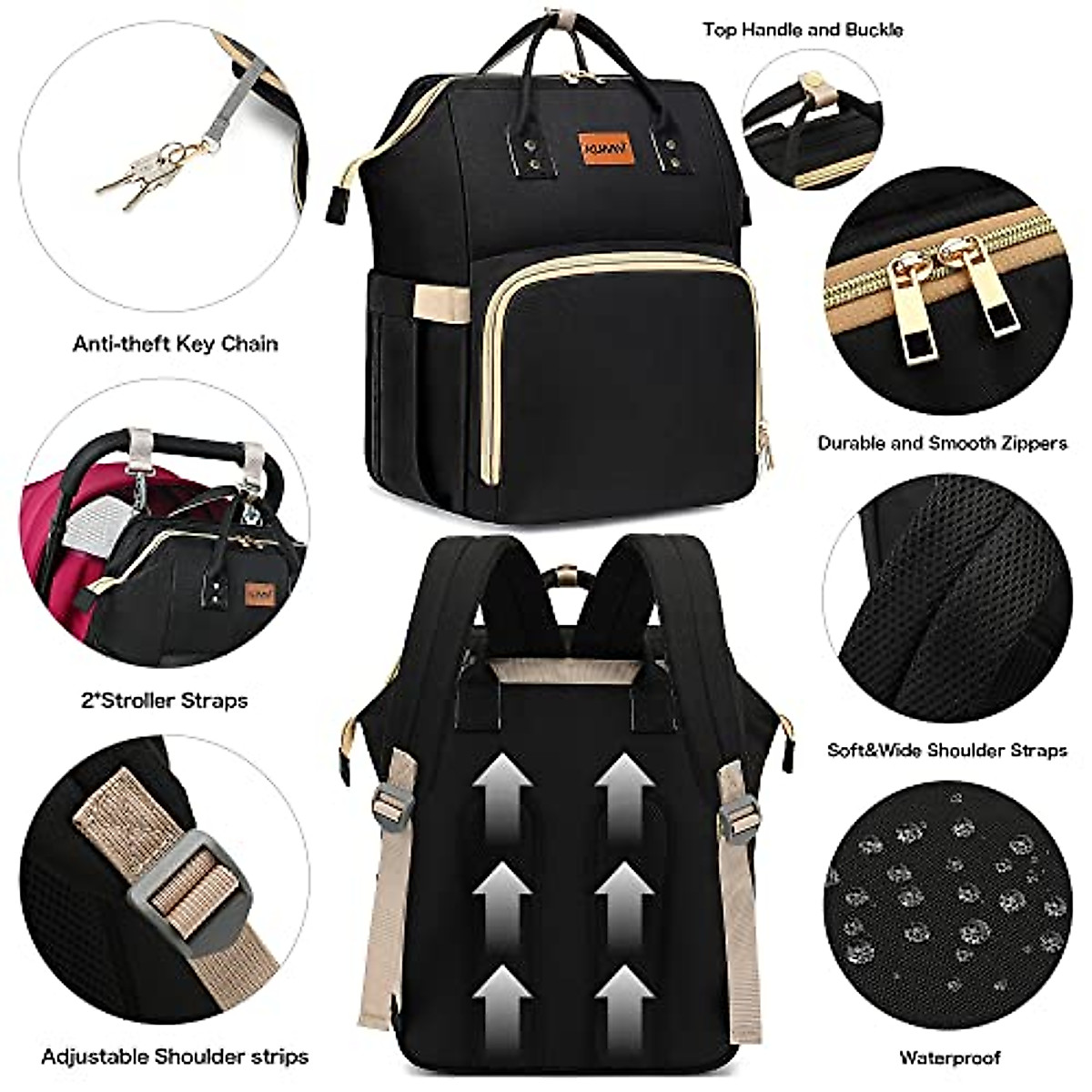 KUWANI Diaper Bag Backpack, Multifunction Travel Baby Changing Bags for Dad/Mom, Large Unisex Waterproof Diaper Backpack with Stroller Straps, Baby Registry Search(Black)